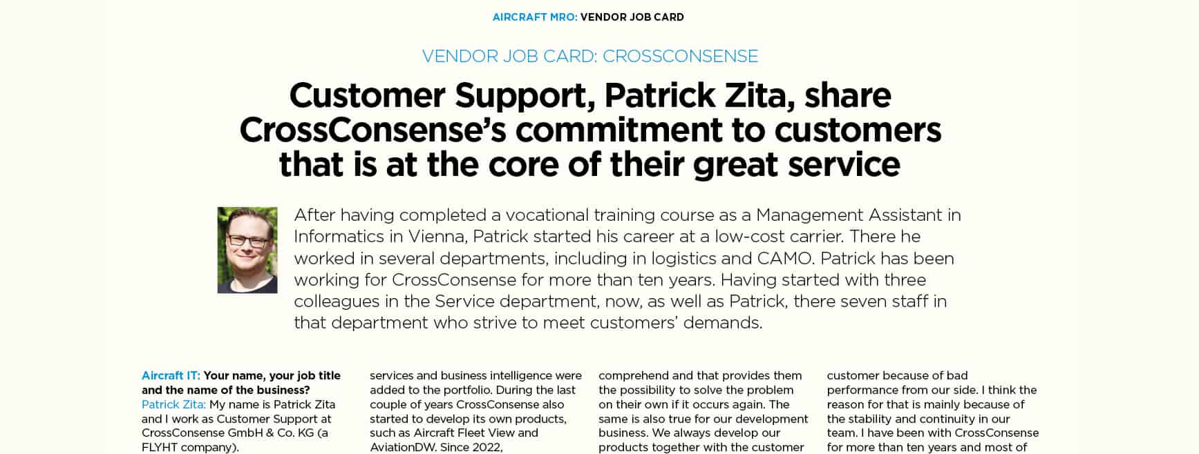 Vendor Job Card Patrick Zita in Aircraft IT Magazine - CrossConsense
