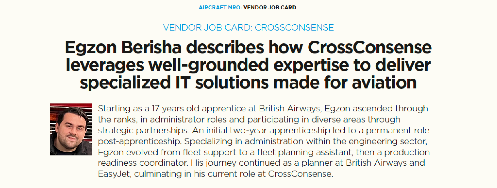 Vendor Job Card of Egzon Berisha in Aircraft IT Magazine - CrossConsense